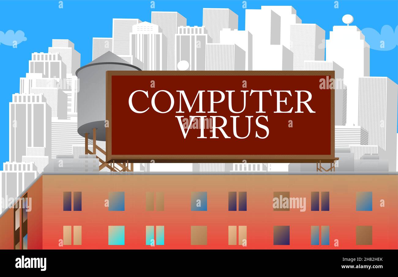 Computer virus text on a billboard sign atop a brick building. Outdoor ...