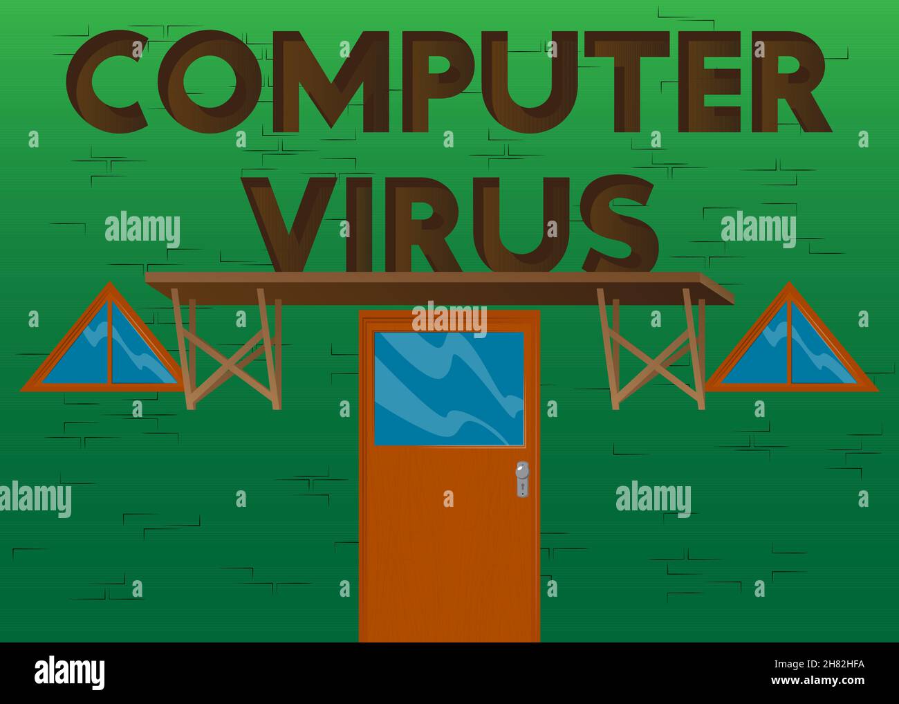 Computer virus text with front door background. Store, Shop or market ...