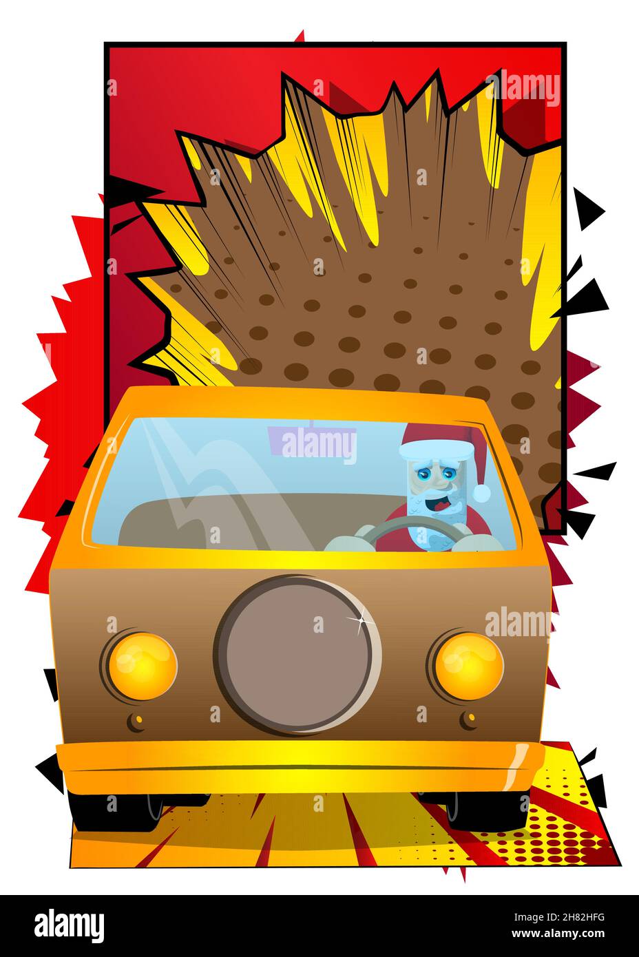 Santa Claus in his red clothes with white beard driving, holding a ...