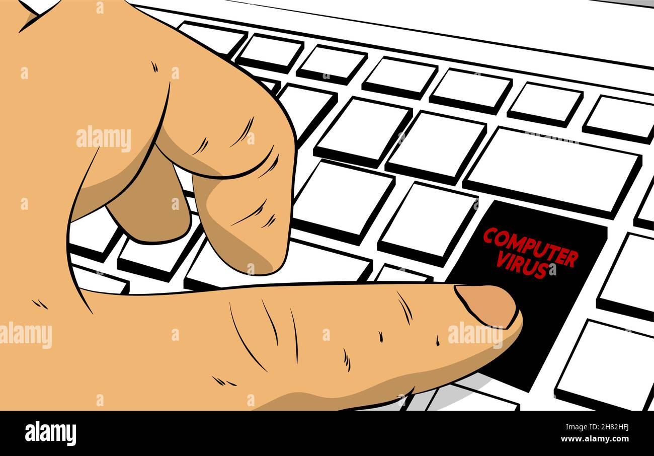 Computer virus word on computer keyboard. Man push keypad on laptop ...