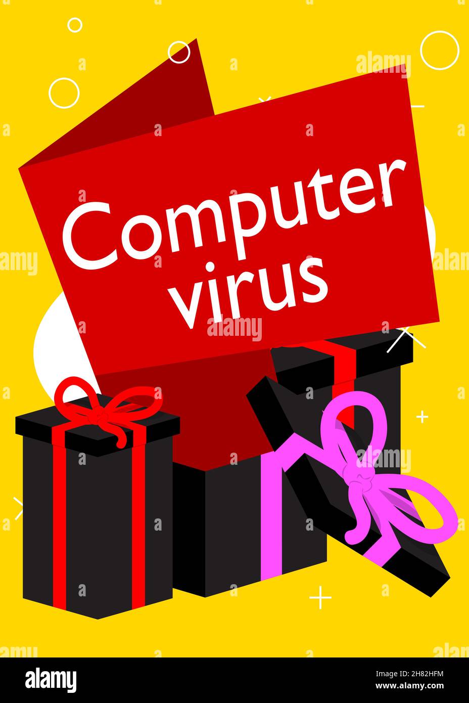 Opened gift box with white paper and Computer virus text. Christmas ...
