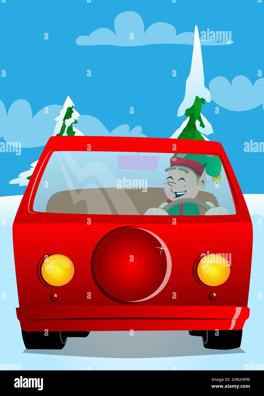 Christmas Elf driving, holding a steering wheel. Vector cartoon ...