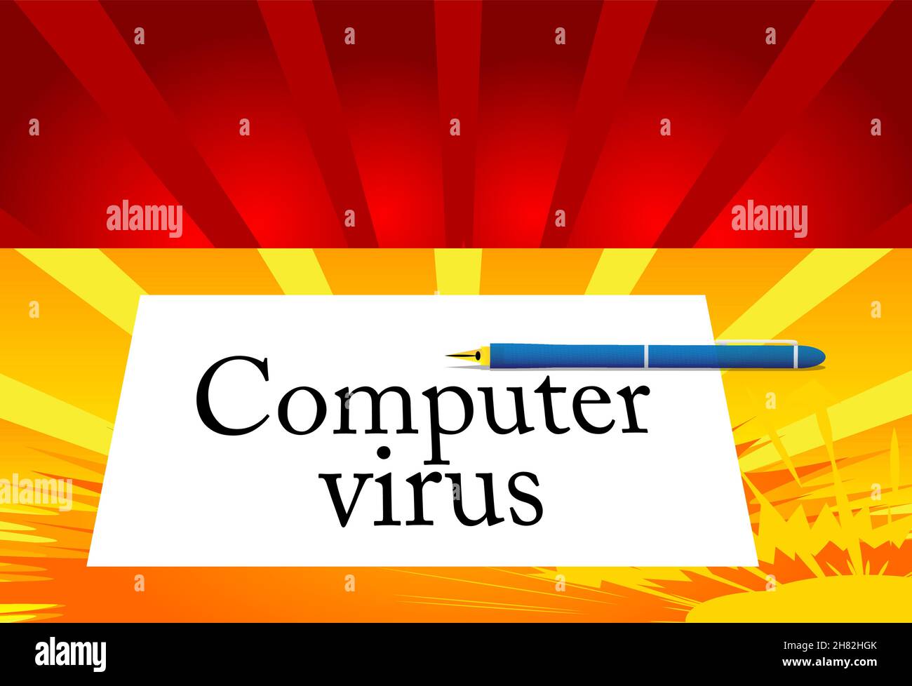 Computer virus text on white paper with pen.Cartoon vector illustration ...