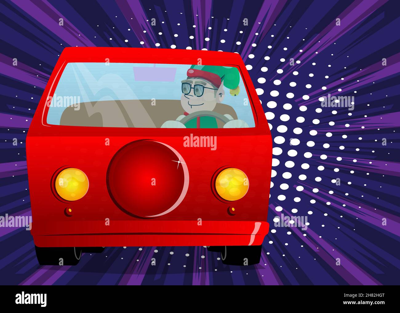 Christmas Elf driving, holding a steering wheel. Vector cartoon ...