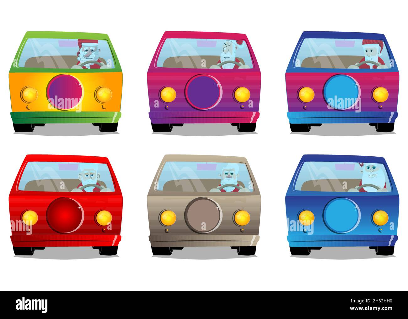 Santa Claus in his red clothes with white beard driving, holding a ...