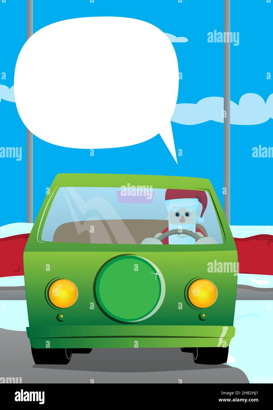 Santa Claus in his red clothes with white beard driving, holding a ...