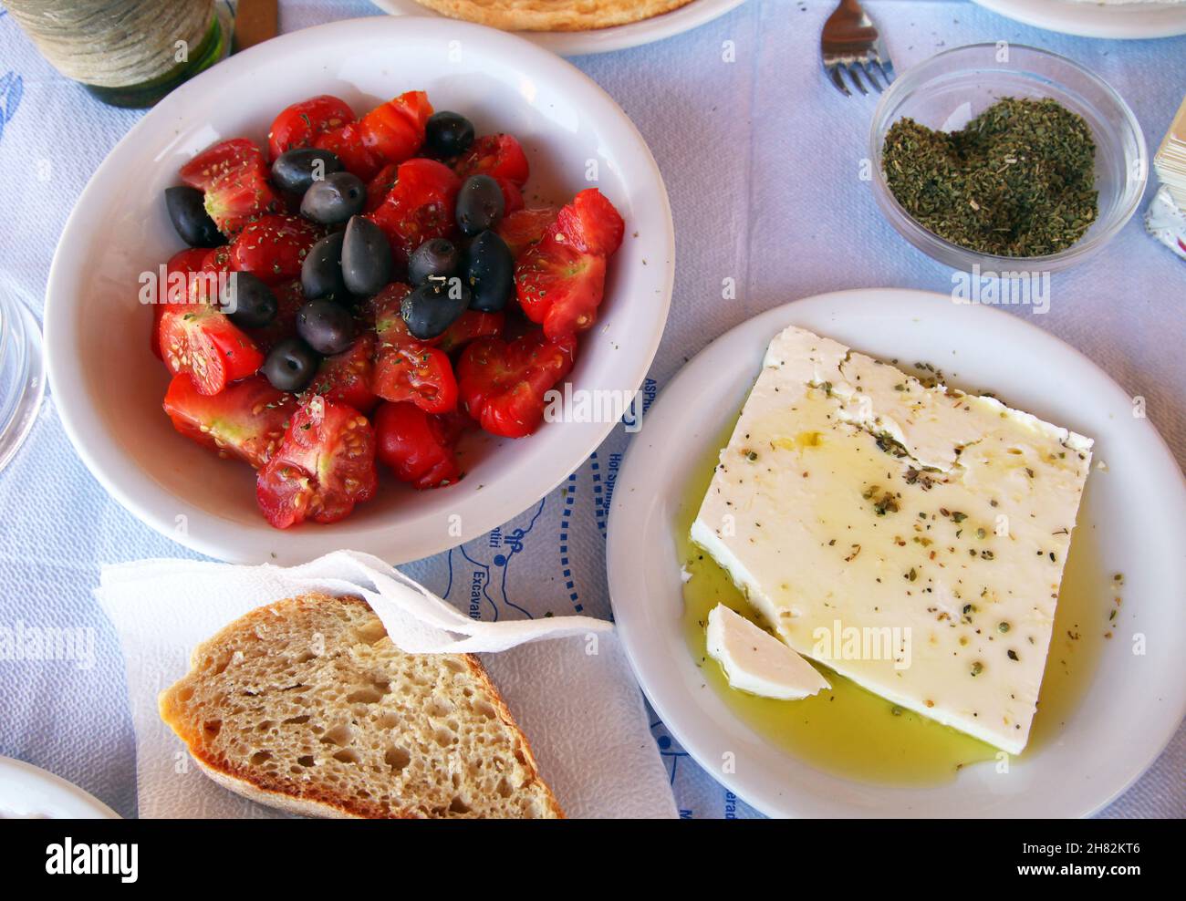 Greek breakfast table at beautiful island Santorini in Greece Stock ...
