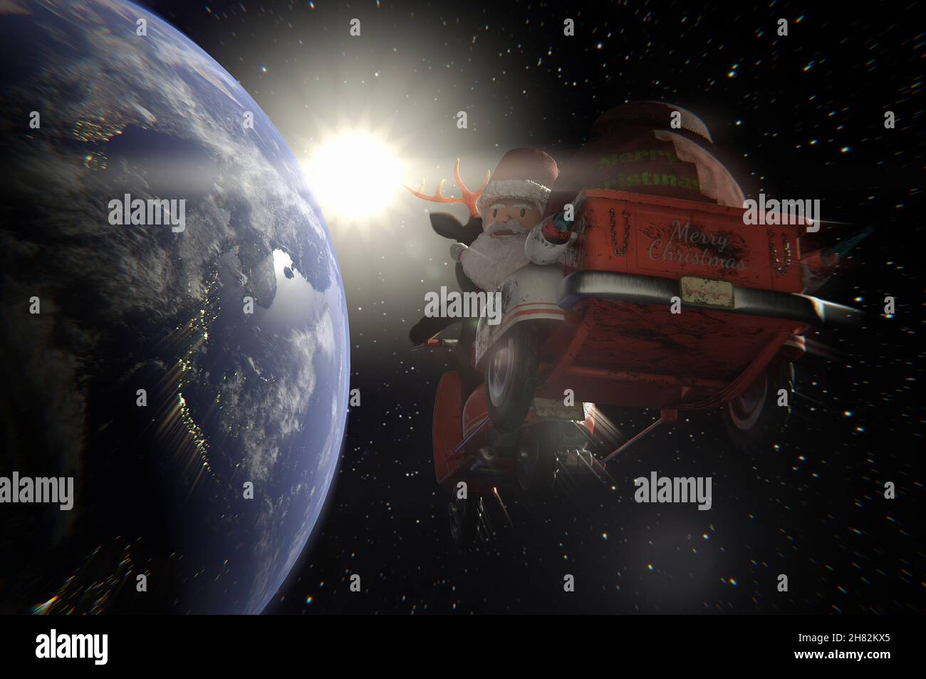 3d illustration. Santa Claus flies over the Earth with a spectacular ...