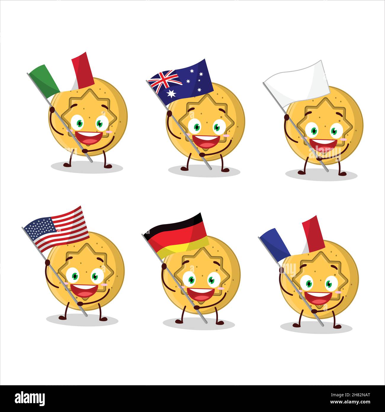 Dalgona candy flower cartoon character bring the flags of various ...