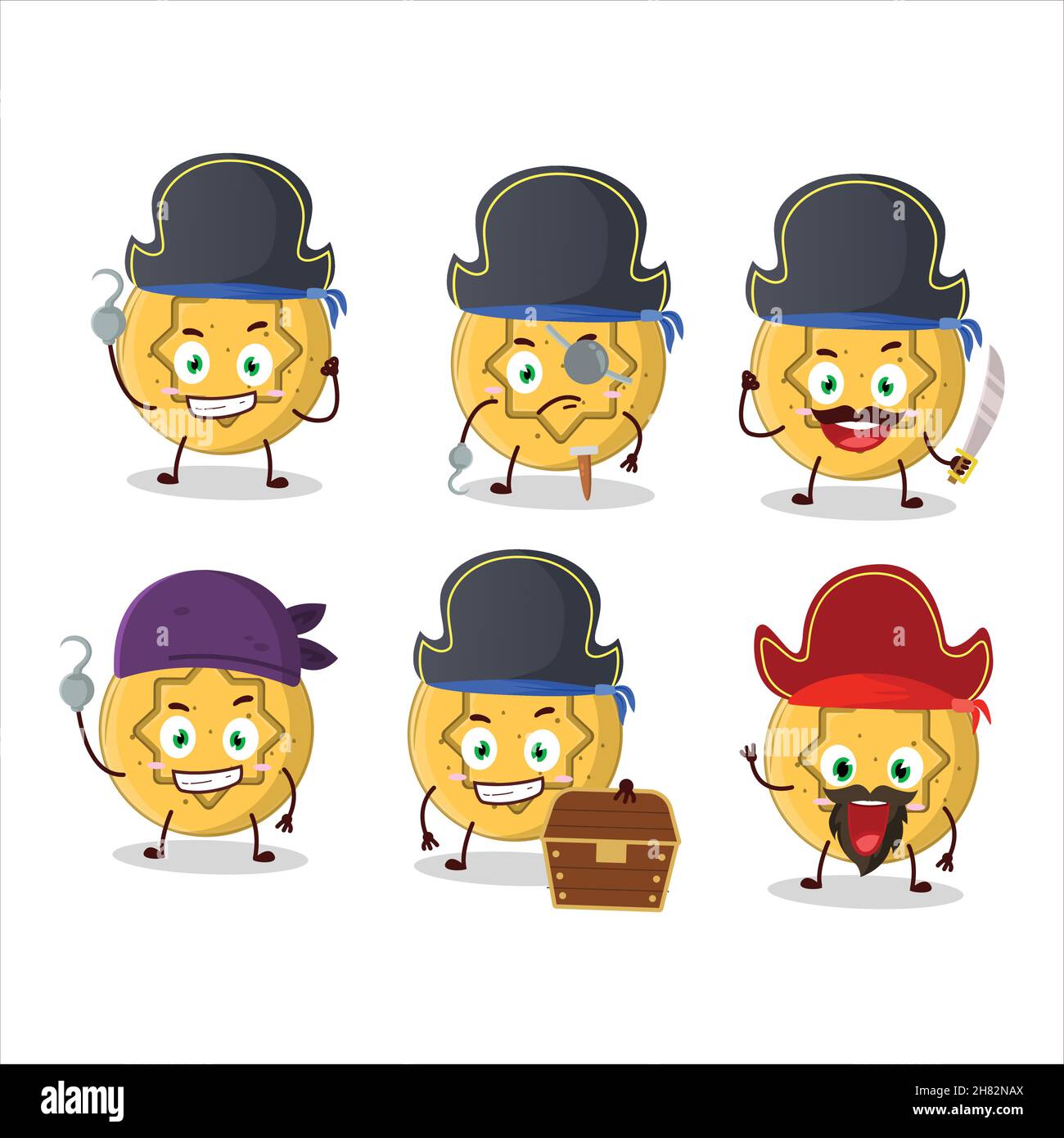 Cartoon character of dalgona candy flower with various pirates ...