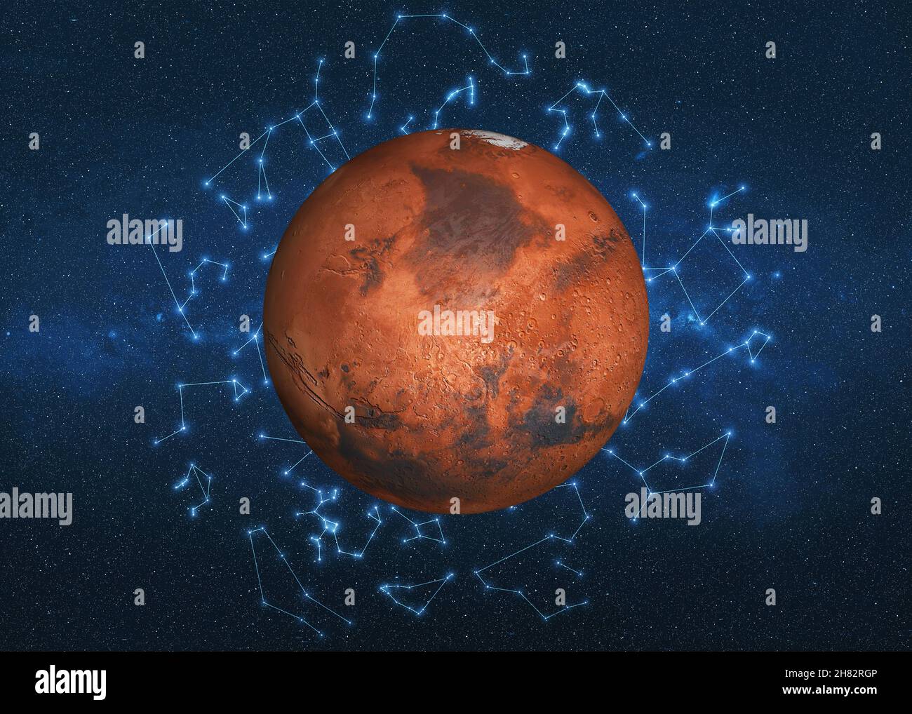 Mars planet in outer space with zodiac constellations on the background ...