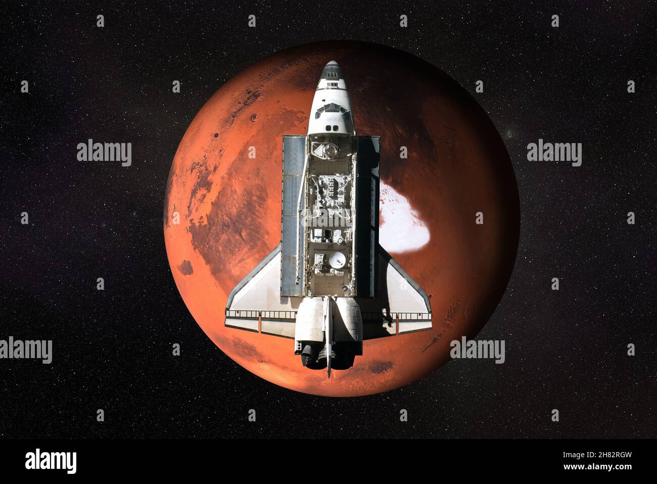 Flying space shuttle close to the Mars planet of solar system. North ...