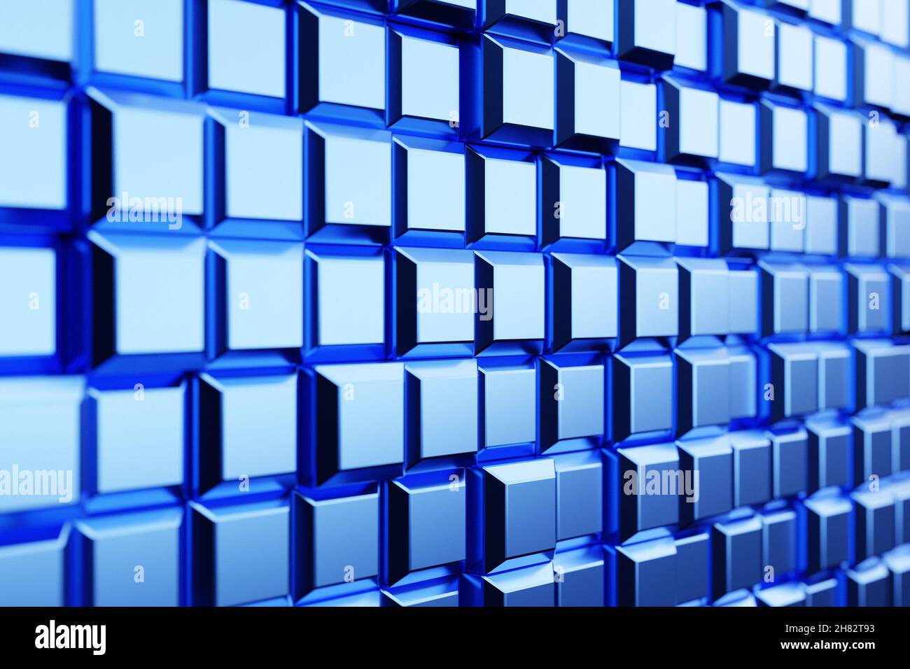 3d illustration of rows of blue squares .Set of cubes on monocrome ...