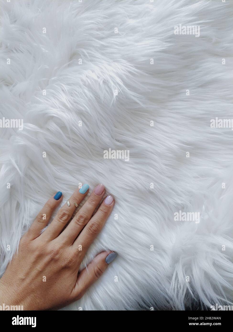 Hand with nails of different colors on white background with a place ...