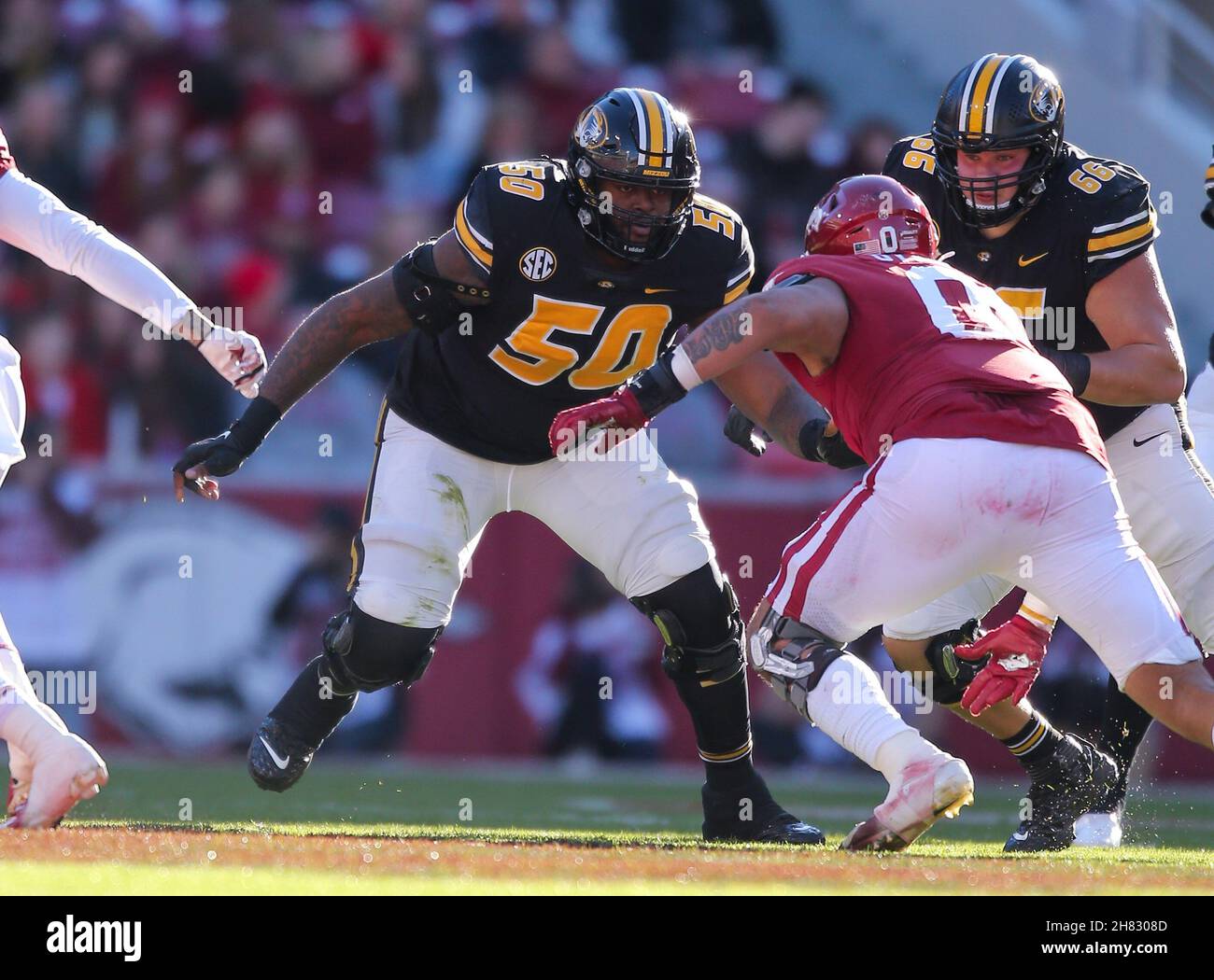 November 26, 2021: Missouri offensive lineman Hyrin White #50 comes off ...