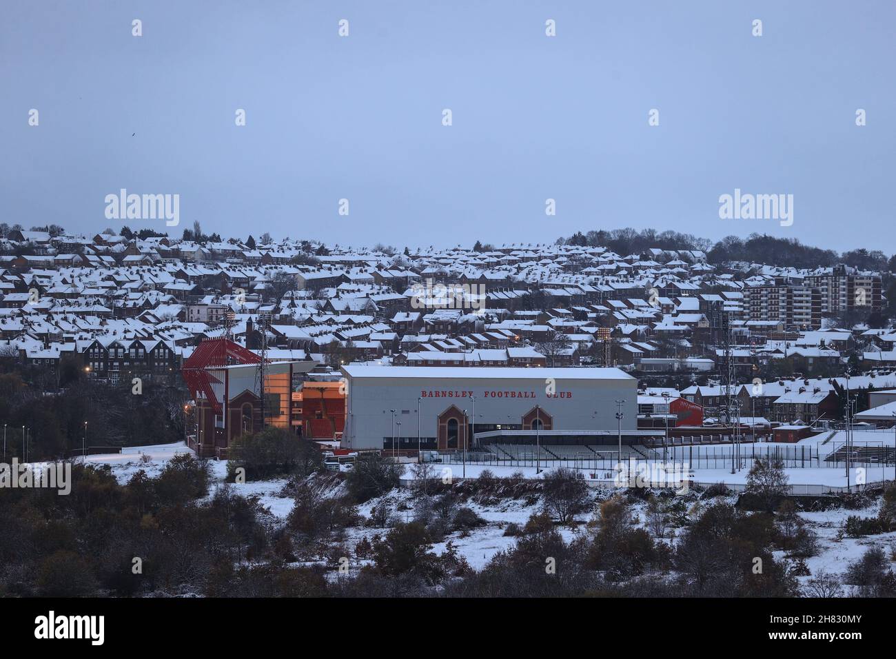 Oakwell the home of Barnsley FC wakes up to covering of heavy snow as ...