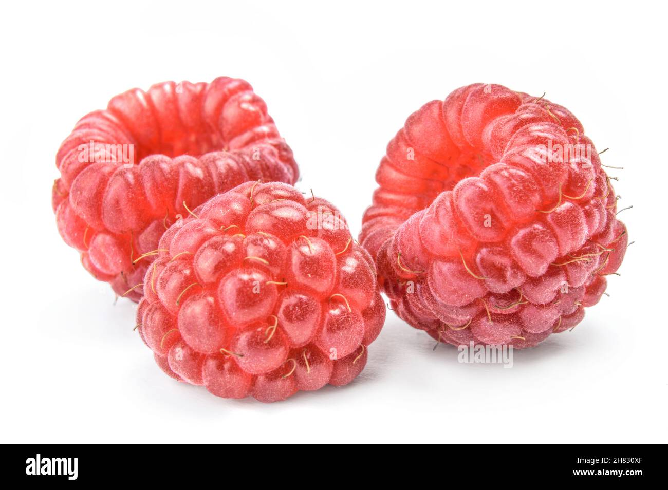 Three berries red raspberry on white background Stock Photo - Alamy