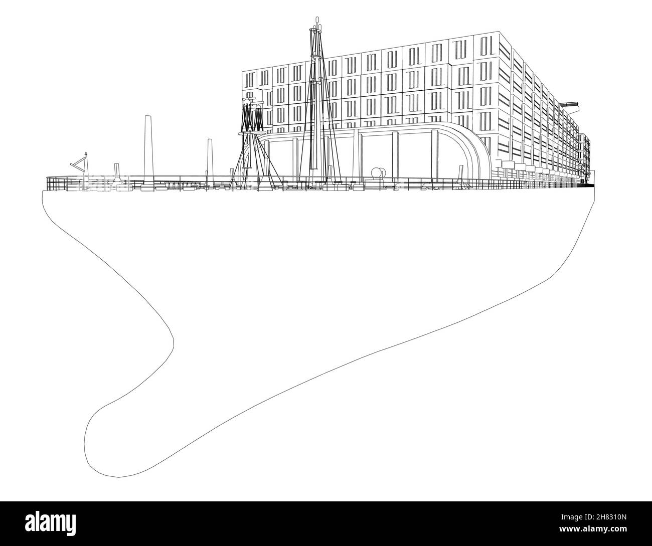 Outline of a large ship with containers from black lines, isolated on a ...