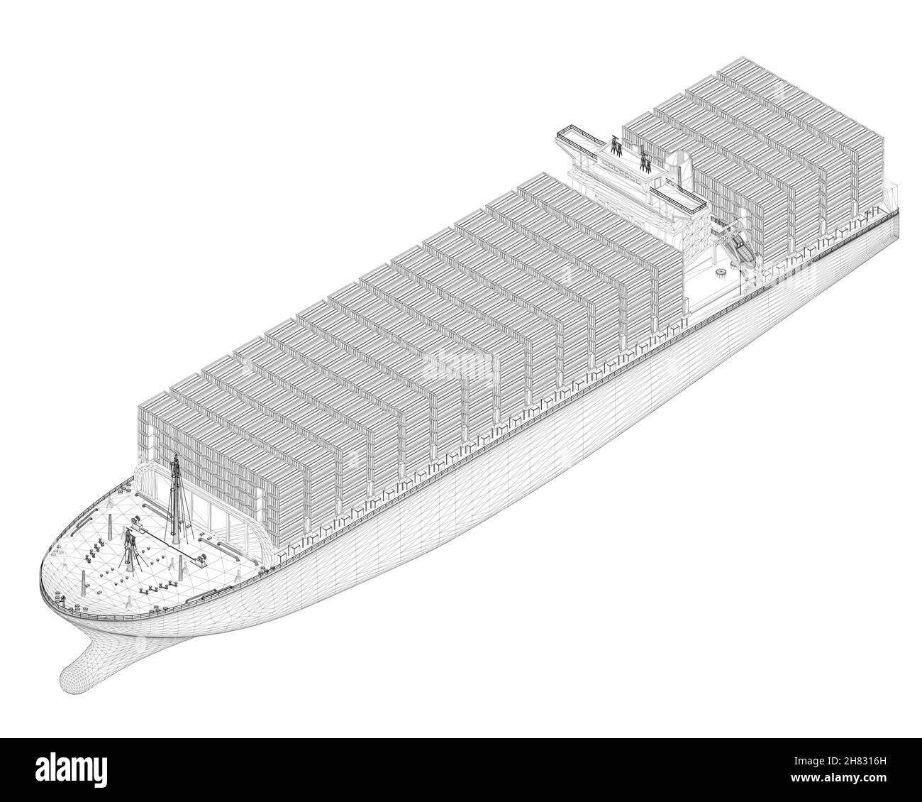 Large ship wireframe with containers from black lines isolated on white ...