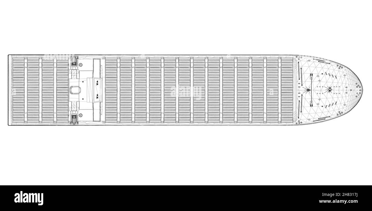 Large ship wireframe with containers from black lines isolated on white ...