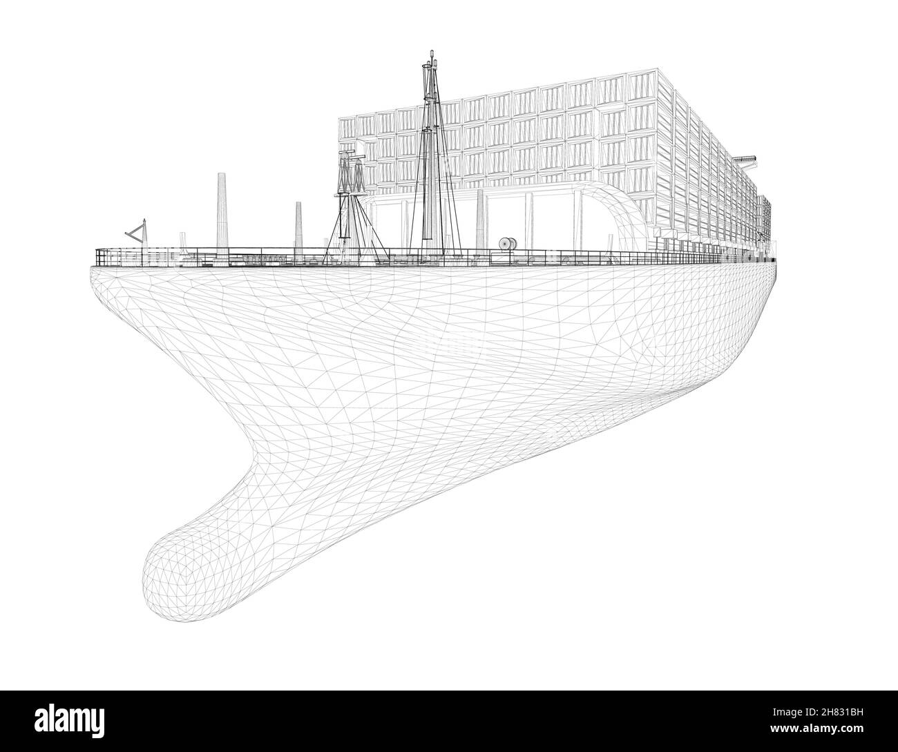 Large Ship Wireframe With Containers From Black Lines Isolated On White Background Perspective
