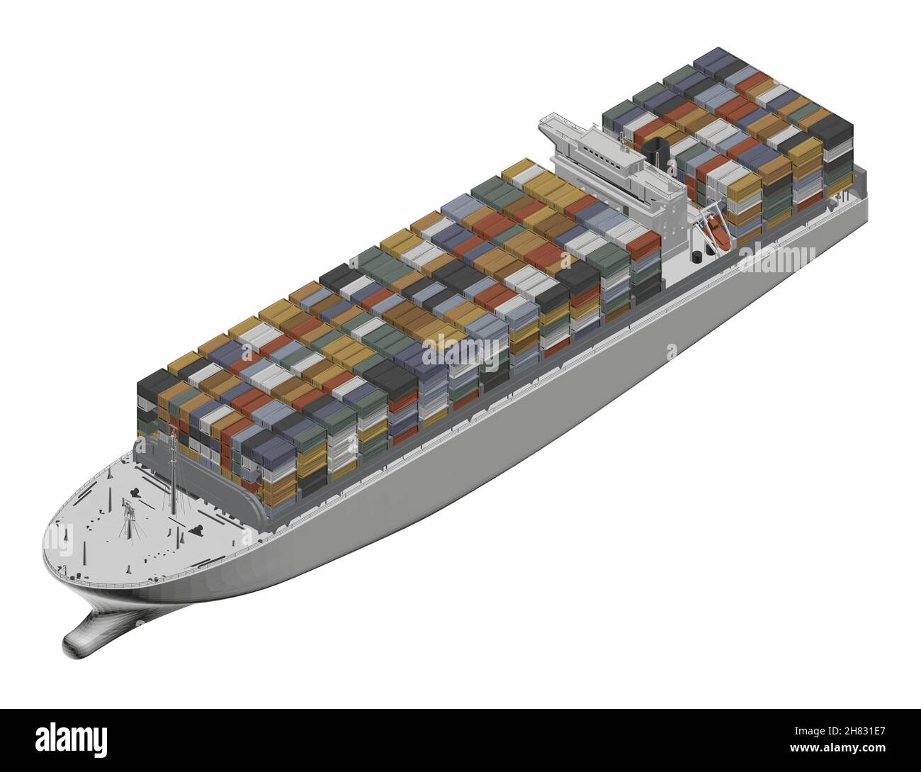 Model of a white large ship loaded with colorful containers isolated on ...