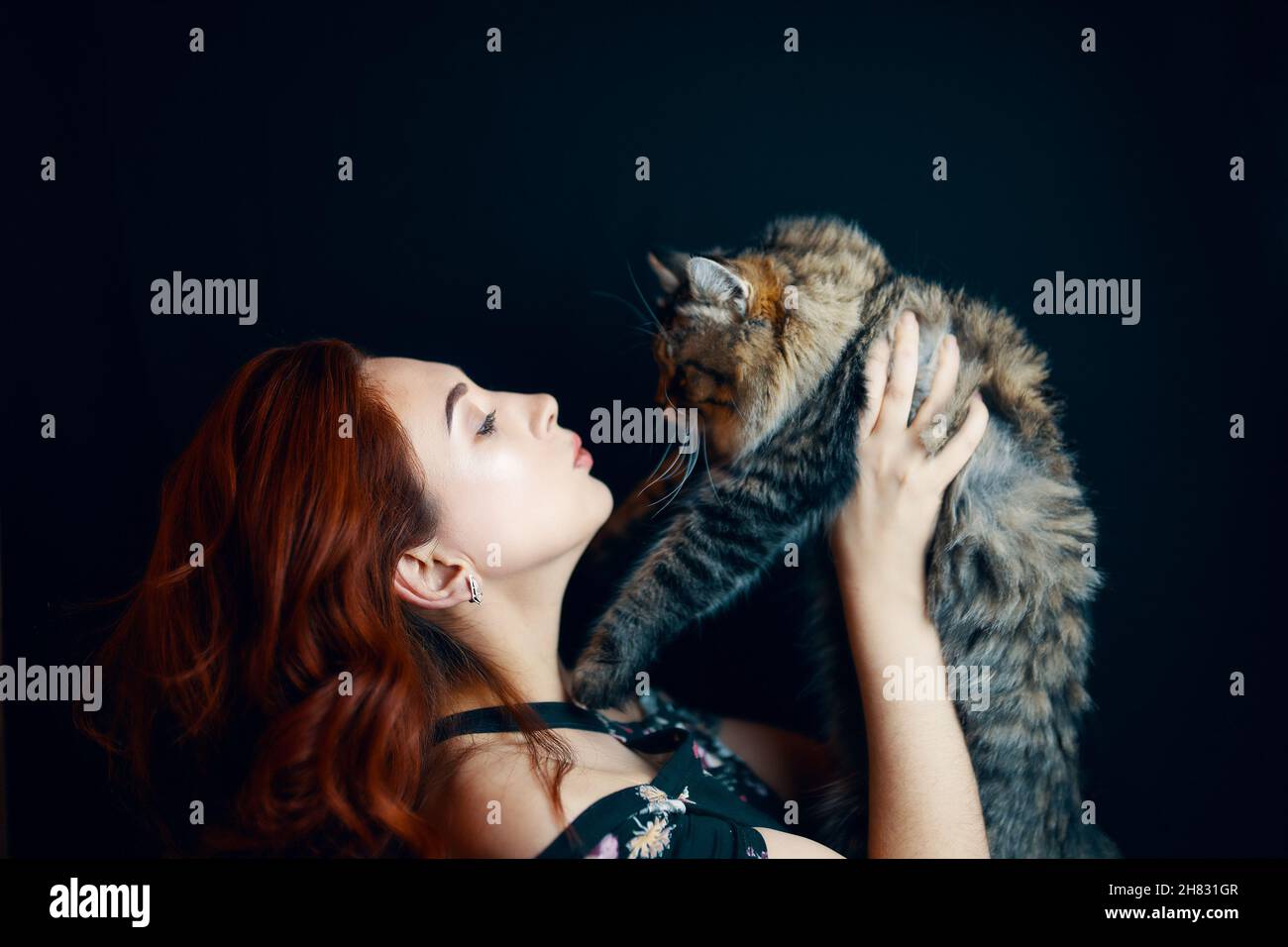 Cheerful woman hugs fluffy cat on black background. Red-haired girl ...