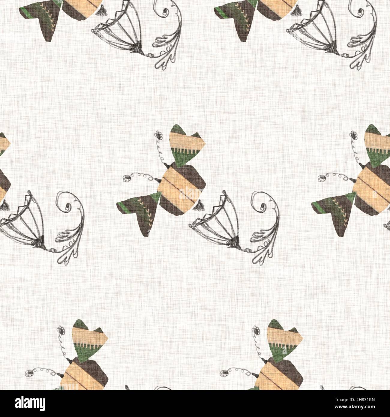 Paper collage whimsical bug linen pattern. Hand cut naive seamless ...