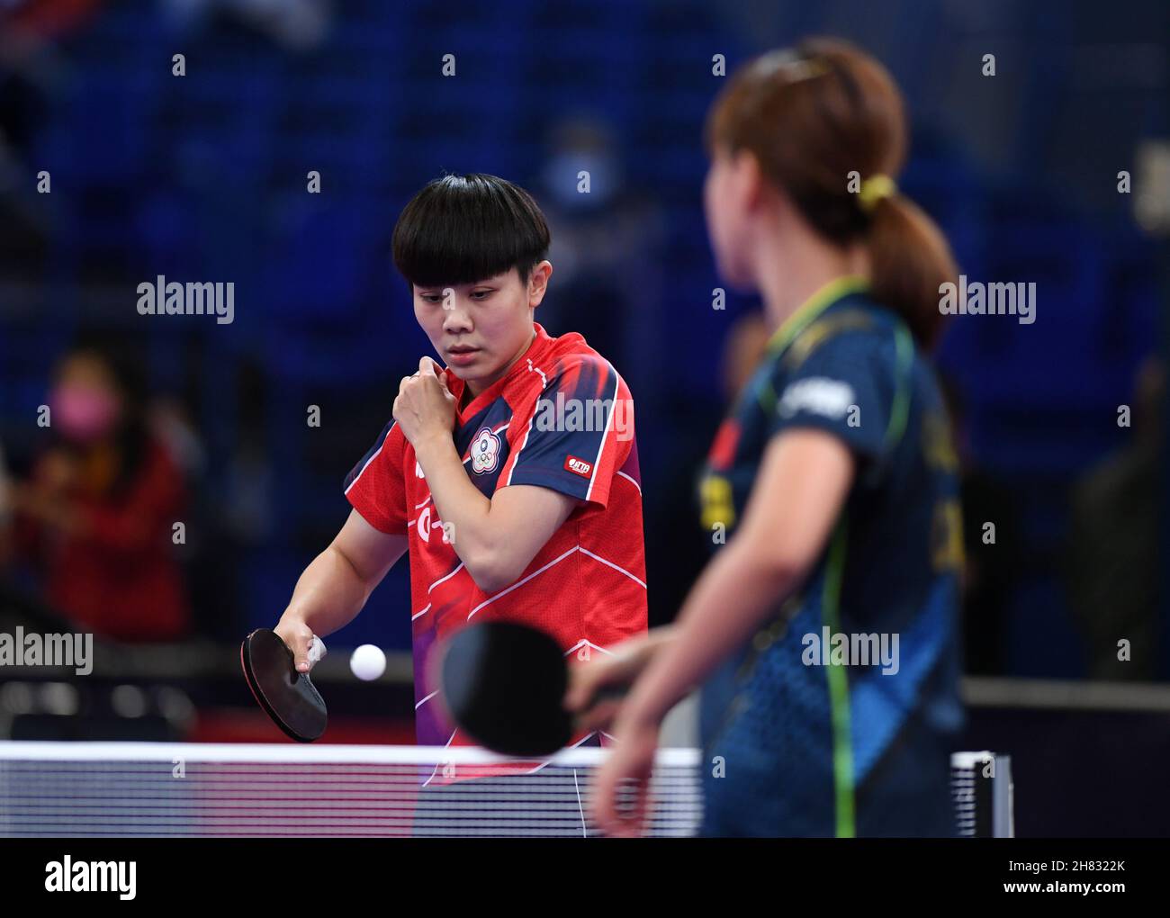 Houston, USA. 26th Nov, 2021. Cheng I-Ching of Chinese Taipei reacts ...