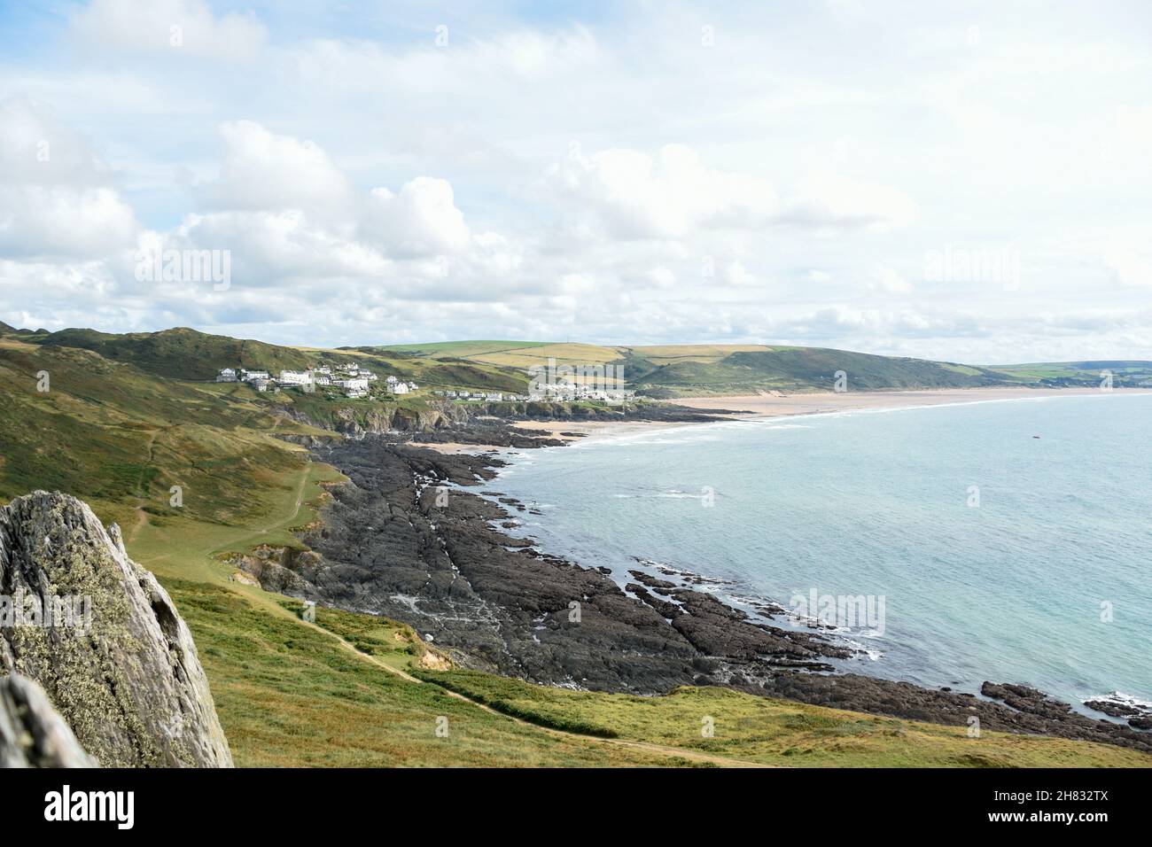 View over Woolacombe Bay, North Devon, UK from Baggy Point Stock Photo ...