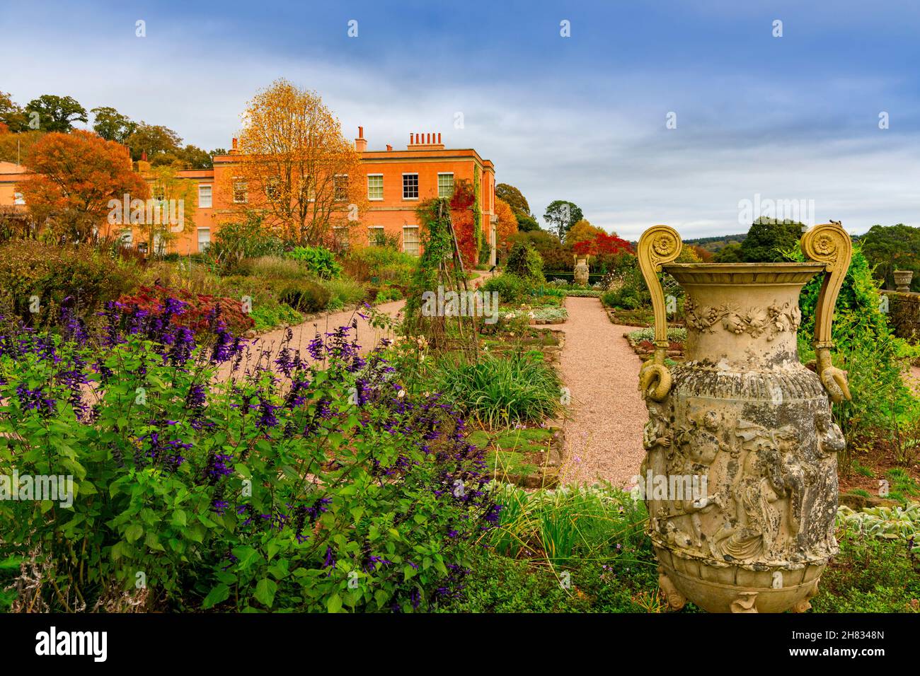 Vibrant autumn colour of the trees and shrubs in front of Killerton ...