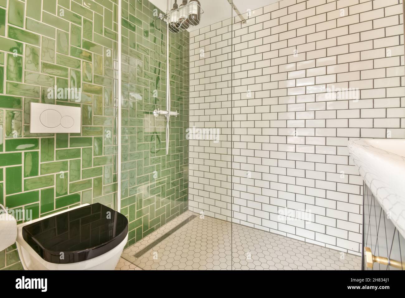 Stylish bathroom with unusual brick tiles and unusual flooring Stock ...