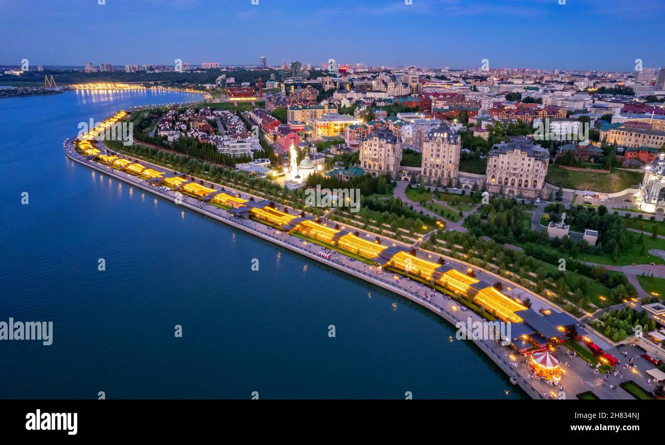 Aerial top view of city Kazan Kazanka river embankment sunset ...