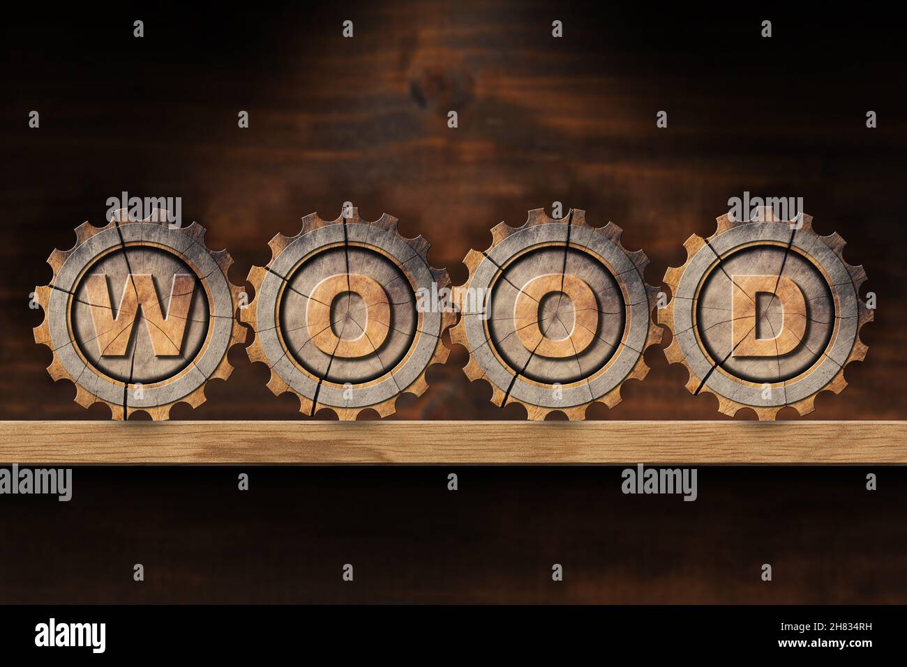 3D illustration of four cogwheels on a wooden shelf with text wood and ...