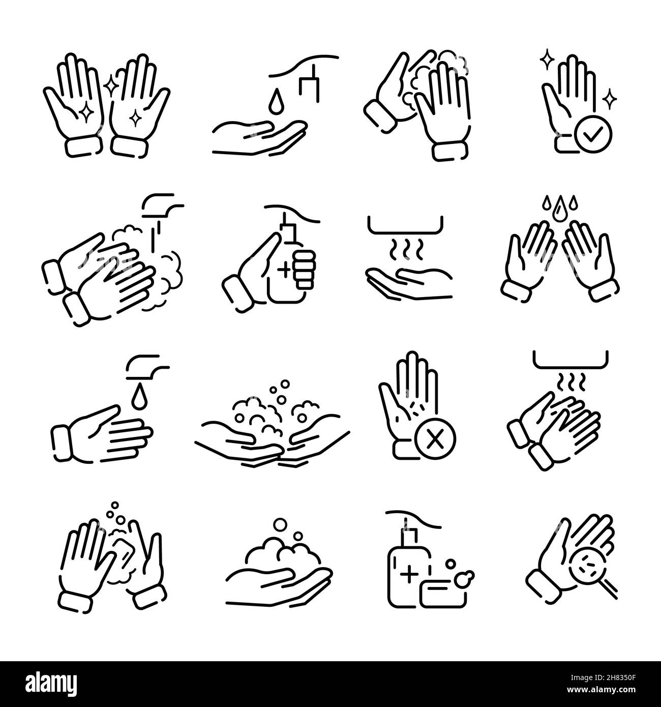Hands washing flat icon set. Tutorial of hand cleaning pictograms for ...
