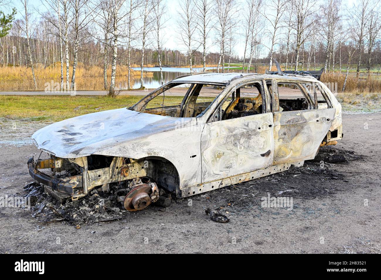 car totaly burnt up standing in rural site Stock Photo - Alamy