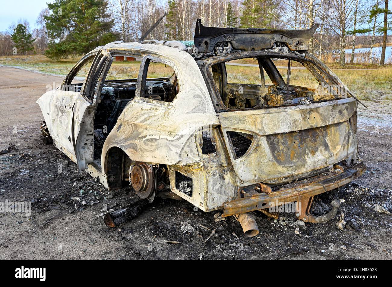 car totaly burnt up standing in rural site Stock Photo - Alamy