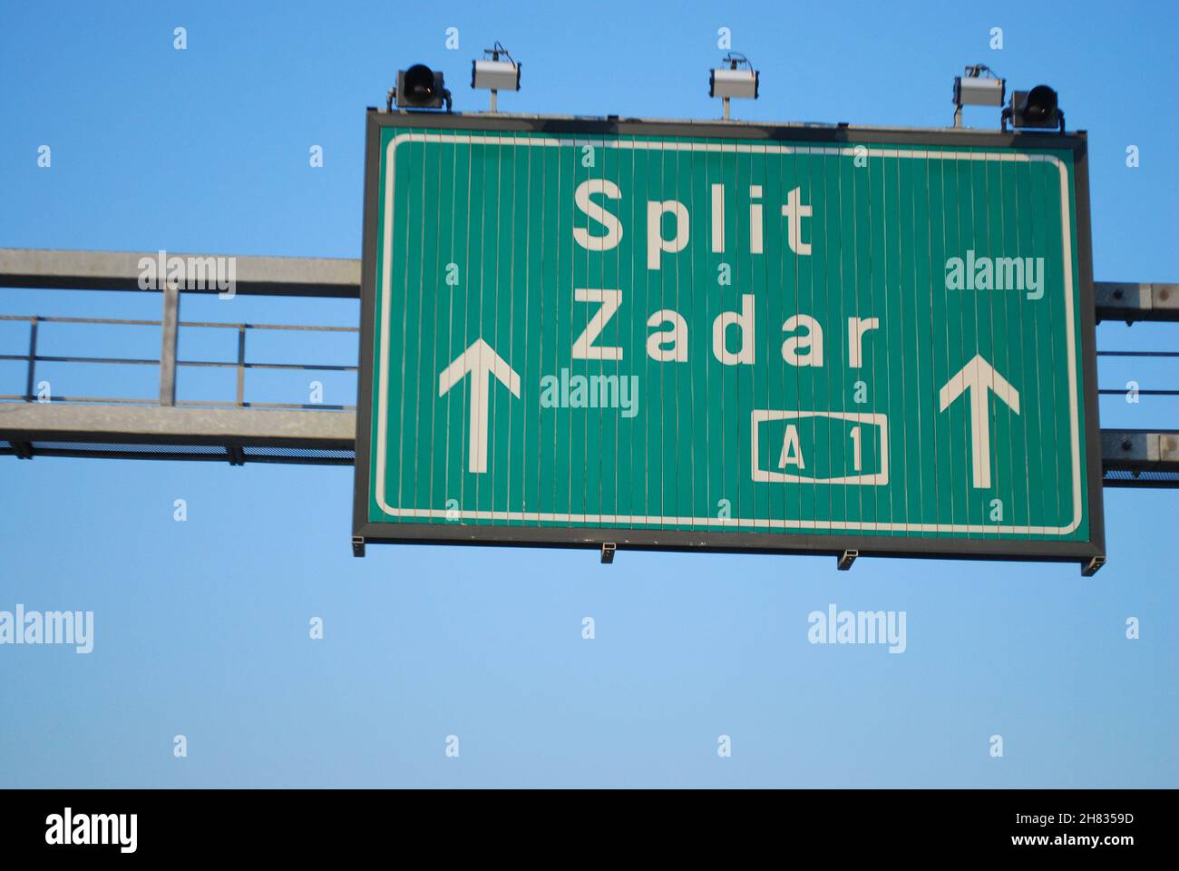 Highway traffic sign in Croatia, Europe, indicating Split and Zadar ...
