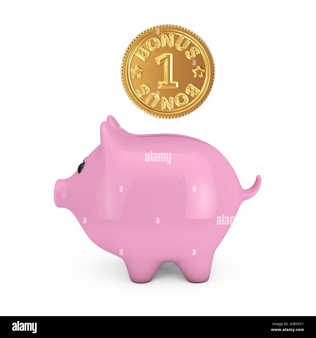 Golden Loyalty Program Bonus Coin with Pink Piggy Bank on a white ...