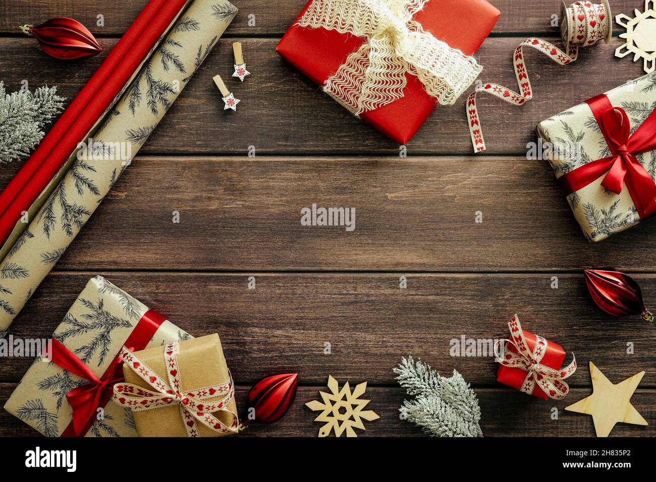 Vintage Christmas background with gift boxes, Xmas decorations ...