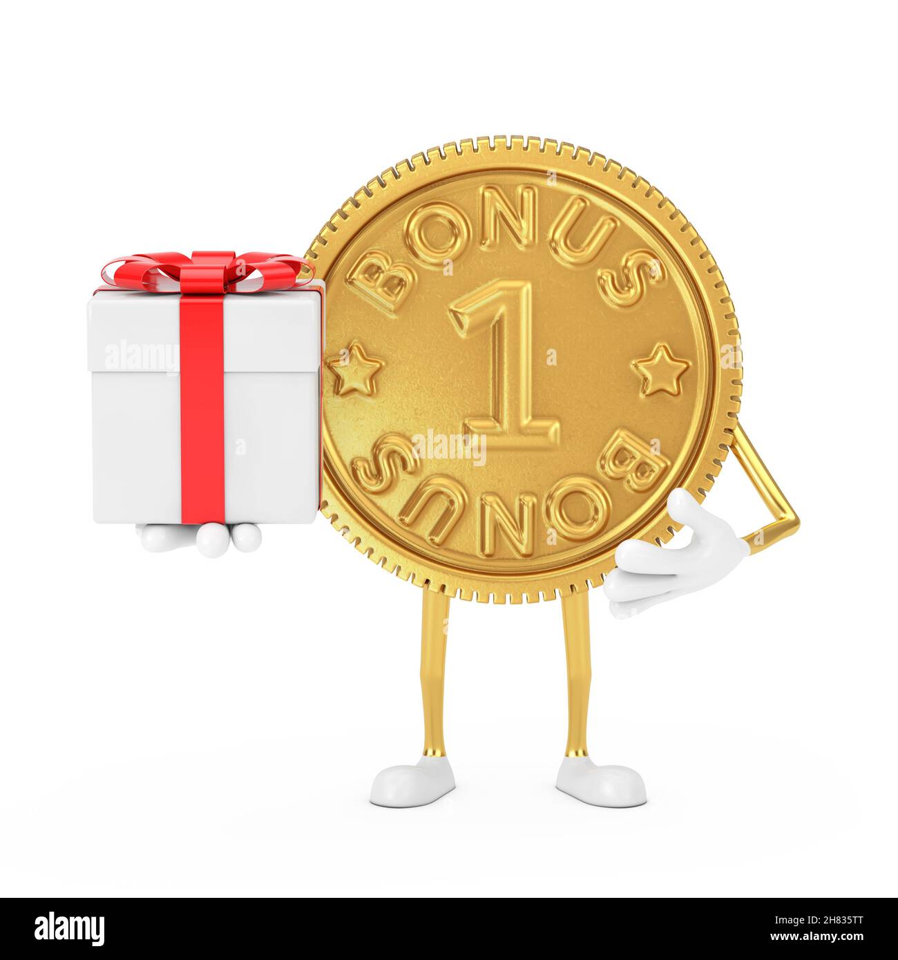 Golden Loyalty Program Bonus Coin Person Character Mascot with Gift Box ...