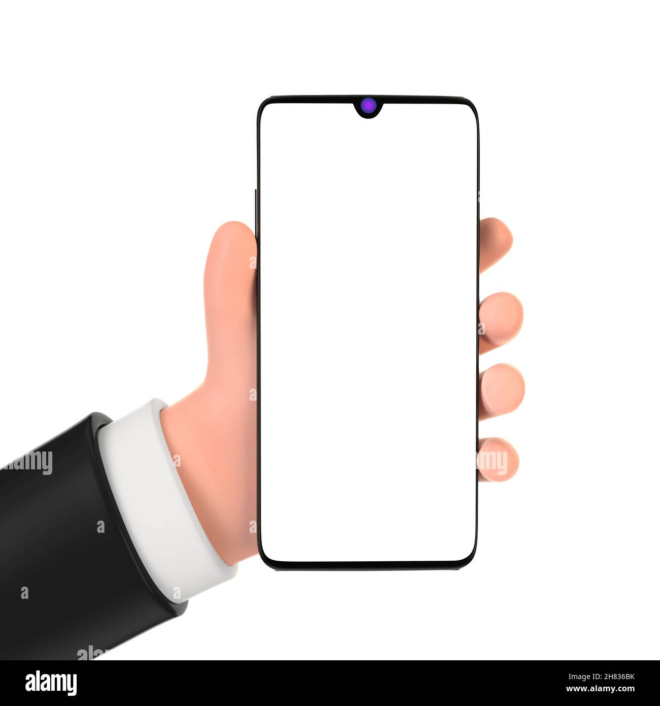 Cartoon Hand Holding Mobile Phone Mockup on a white background. 3d ...