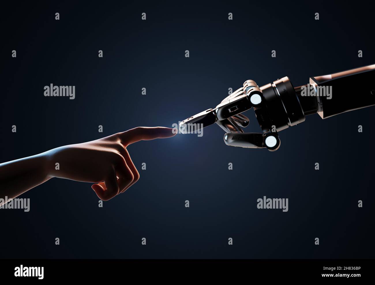 Technology connection concept with 3d rendering cyborg connect to human ...