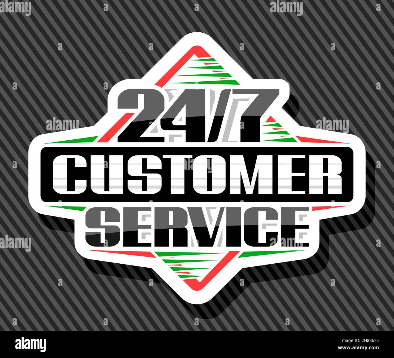 Vector sign 24/7 Customer Service, white decorative label with unique ...