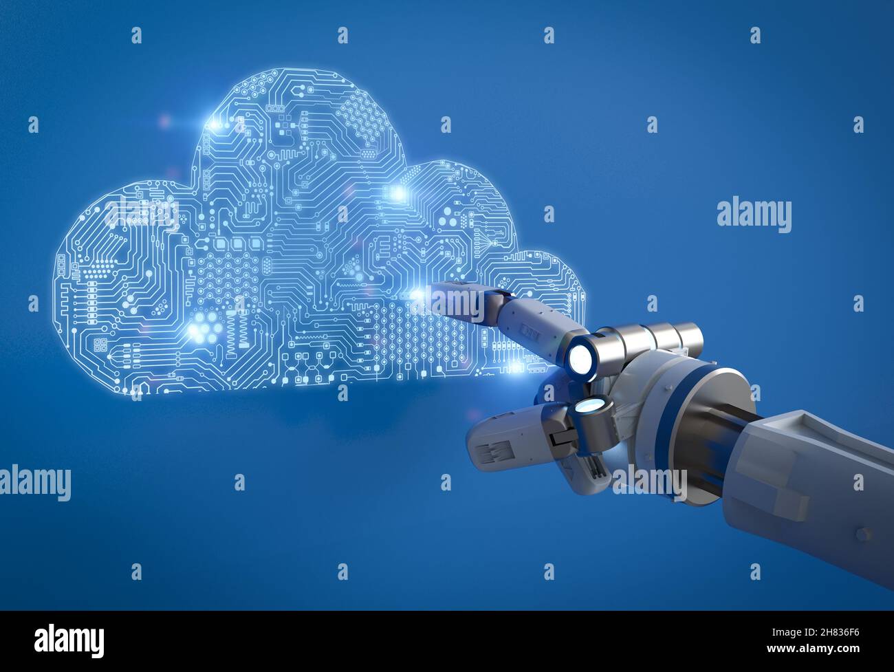 Cloud computing technology concept with 3d rendering humanoid robot work with circuit cloud ...