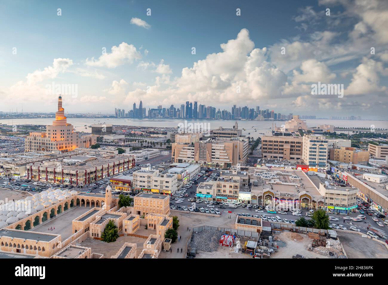 Aerial View of Doha Skyline with Fanar Mosque at sunset time Stock ...