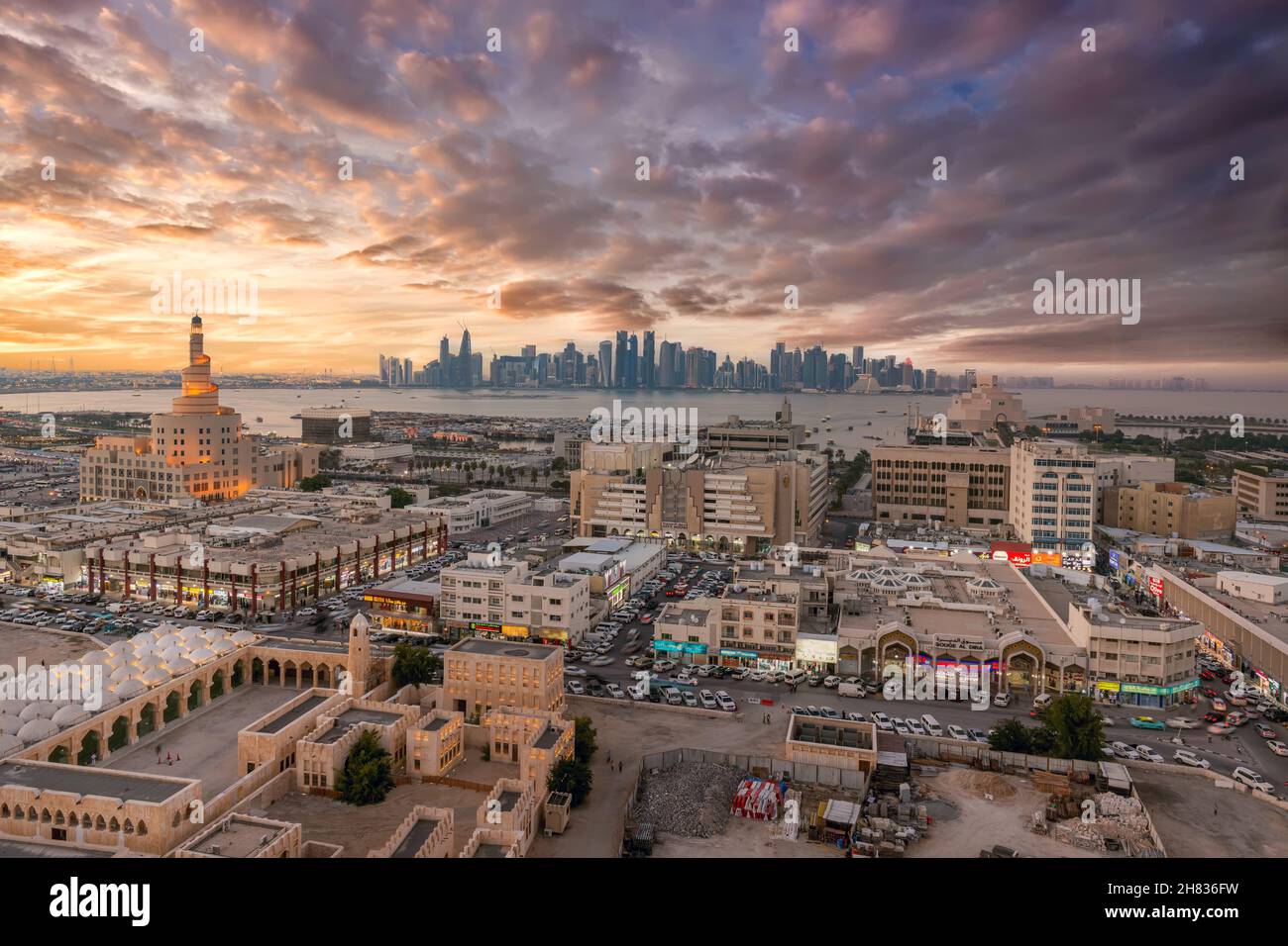Aerial View of Doha Skyline with Fanar Mosque at sunset time Stock ...