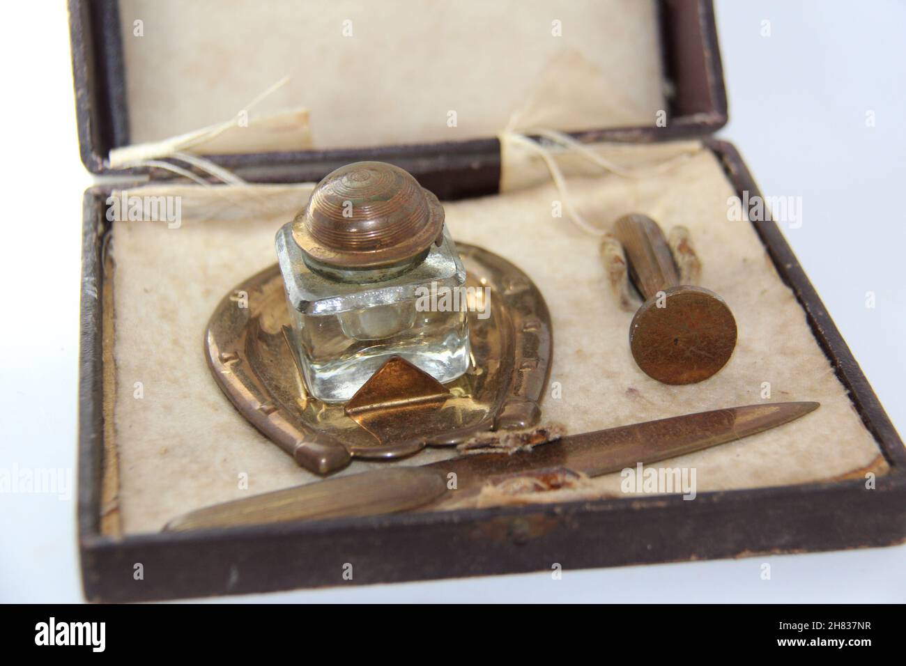 Antique set for inkwell in bronze and crystal, with box, insulated ...