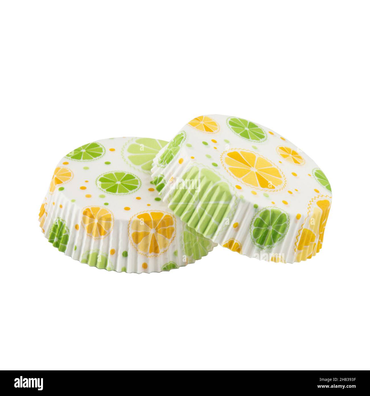 Flat white paper cupcake forms for baking with citrus pattern isolated ...