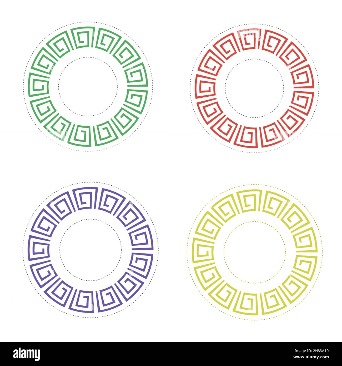 Plate icons set with colored Greek patterns isolated over white ...
